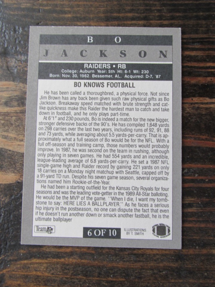 1991 Fleer BO JACKSON Pro Visions Insert Football Card # 6 Oakland ...