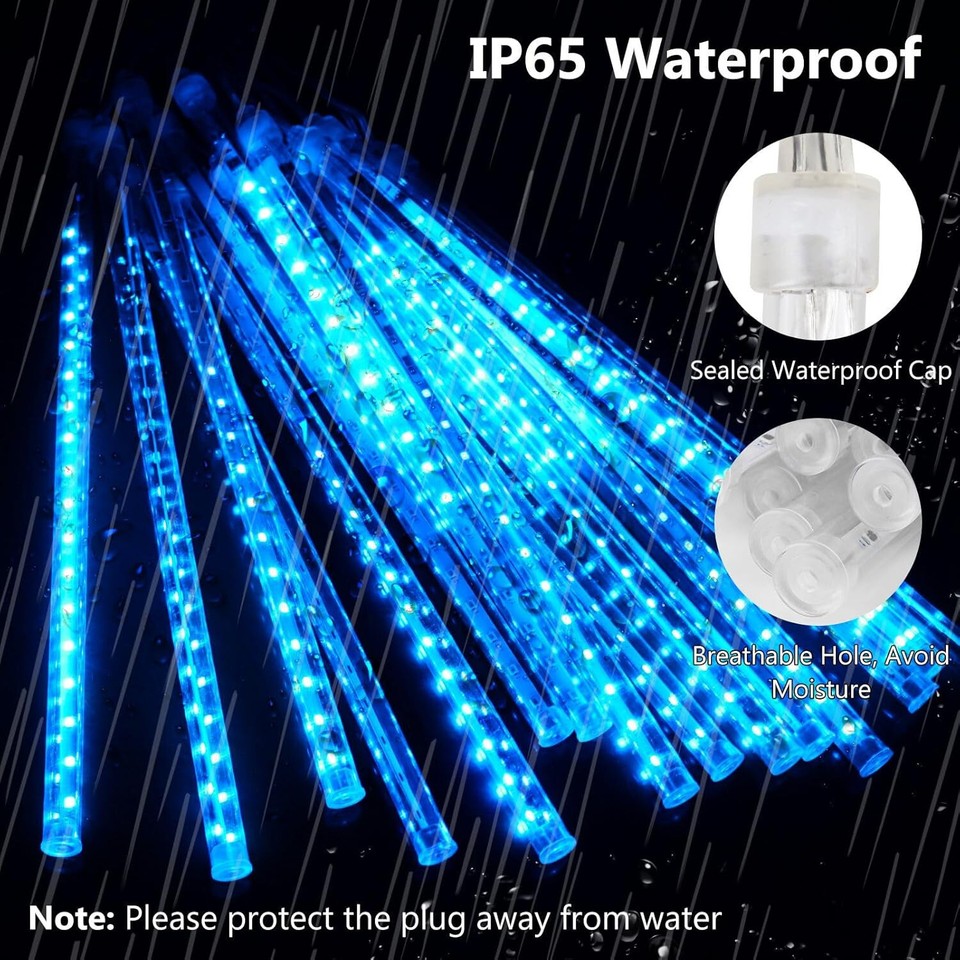 Blue Meteor Shower String Lights Outdoor Indoor (27.7ft) 8 Tubes 12 ...