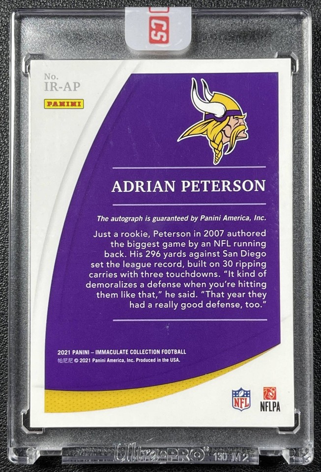 ADRIAN PETERSON 2021 PANINI IMMACULATE RECORDS AUTO 296 YARDS IN A GAME ...