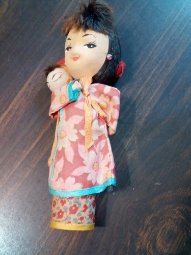Vintage Chinese Peg Doll With Baby On Back Pink Kimono Flowers | eBay