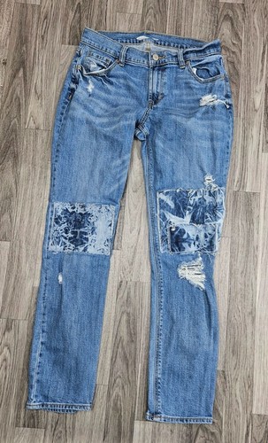 Old Navy Womens Size 0 Boyfriend Mid Rise Distressed Patches Denim Blue ...