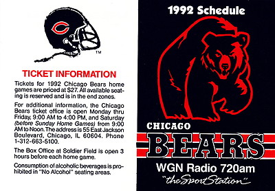 1992 CHICAGO BEARS FOOTBALL POCKET SCHEDULE - UNFOLDED | eBay