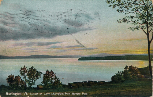BURLINGTON, VT. SUNSET ON LAKE CHAMPLAIN FROM BATTERY PARK. VERMONT ...
