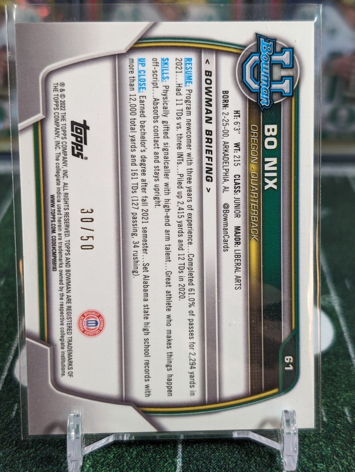 2022 Bowman University Chrome Bo Nix Gold Shimmer 30/50 Oregon Ducks | eBay