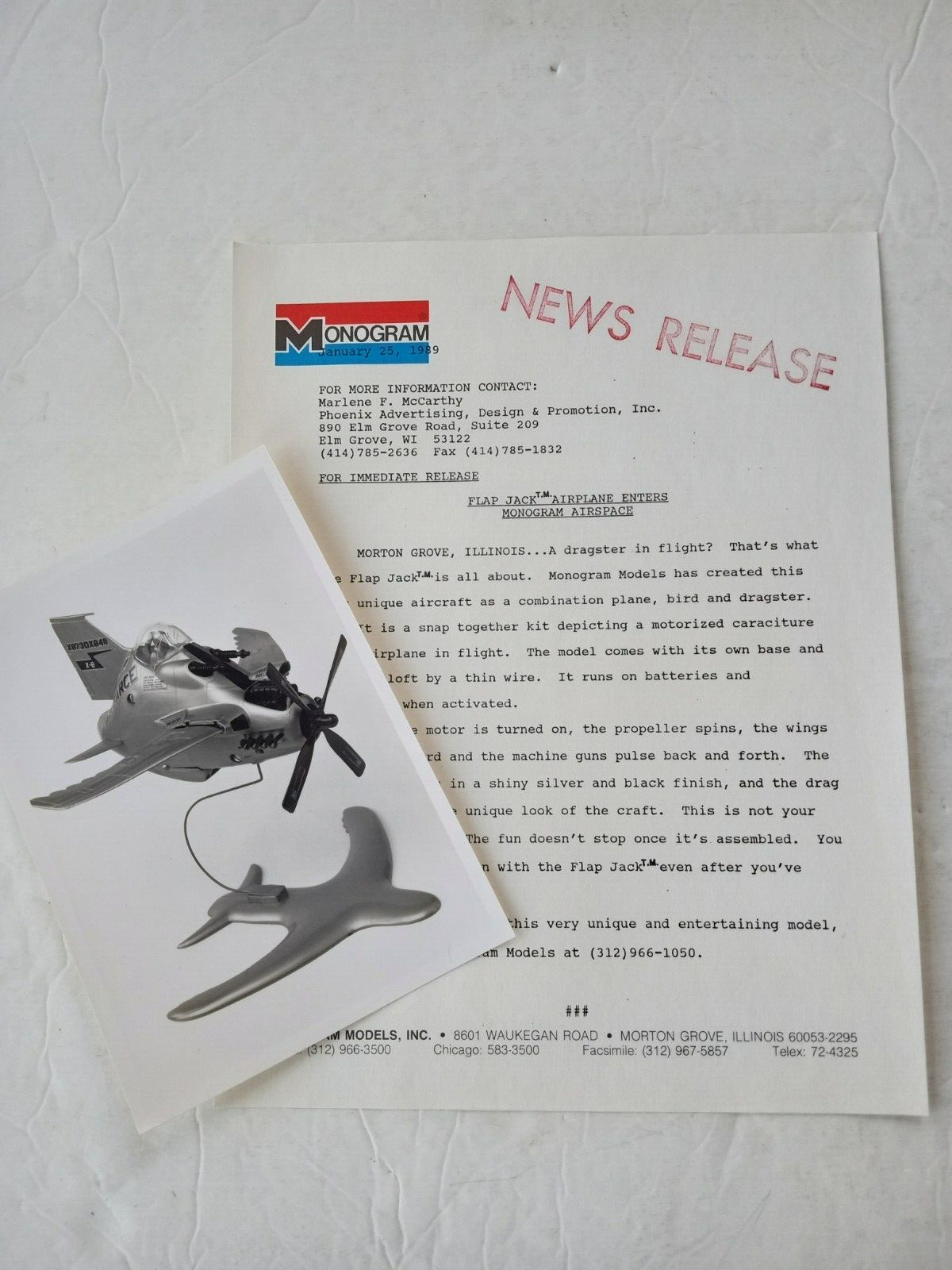 1989 Monogram Toy Fair PRESS RELEASE New Motorized Flap Jack Airplane ...