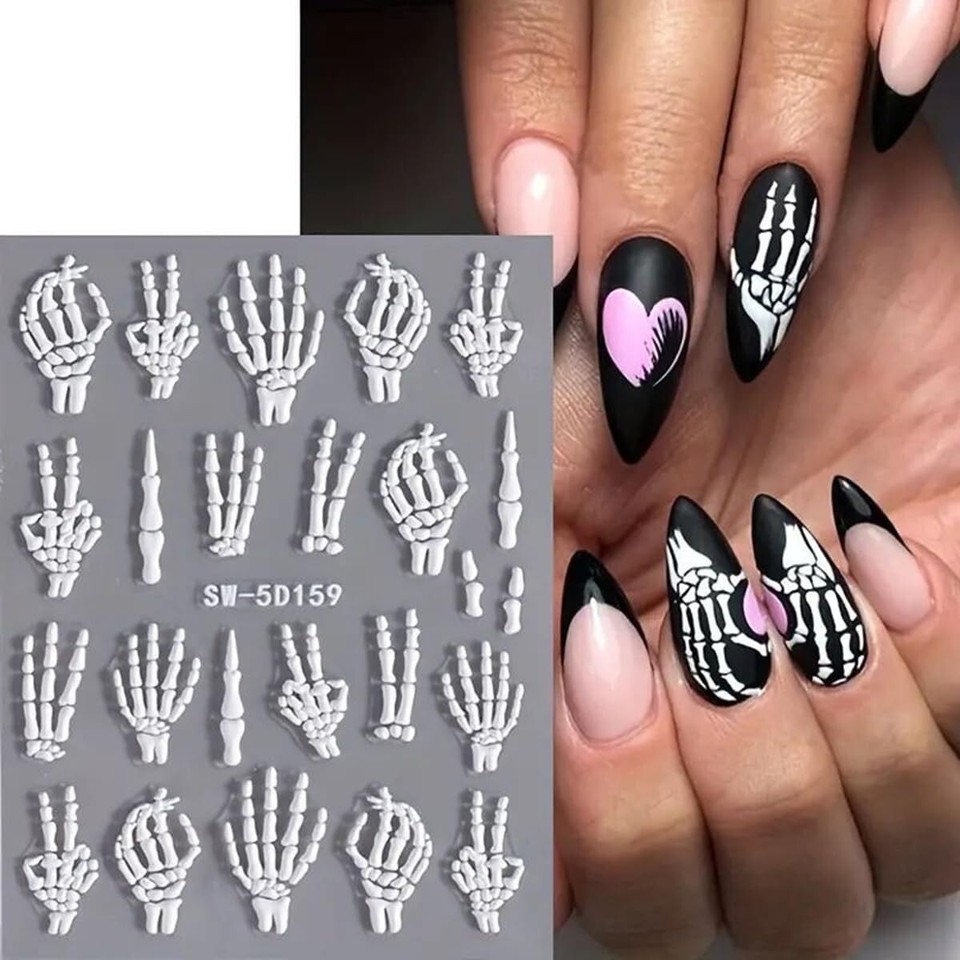 Halloween Nail Art Stickers Decals 5D Embossed Skeleton Nail Decals | eBay