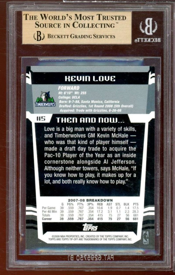 Kevin Love Rookie Card 2008-09 Topps Tip-Off #115 BGS 9.5 (10 9 9.5 9.5 ...