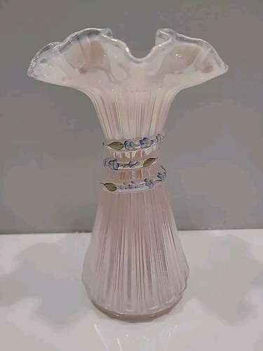 Fenton Champagne Pink Pearlized Wheat Vase w/ Floral Hand Painted ...