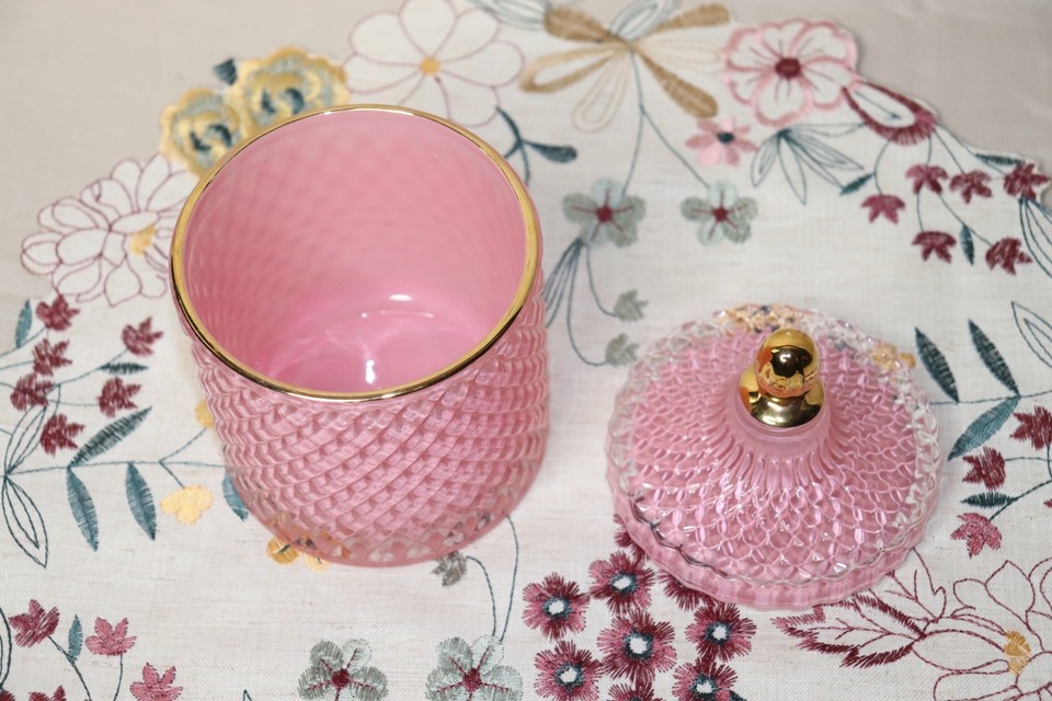 Pink Candy Jar, 7" Glass Canister with Lid Crystal Apothecary, Jewelry ...