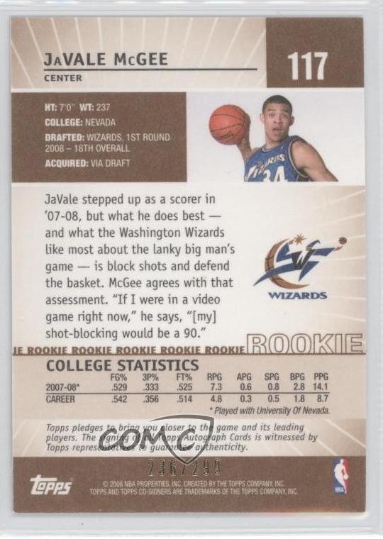 2008-09 Topps Co-Signers Rookie Bronze Foil /299 JaVale McGee #117 ...