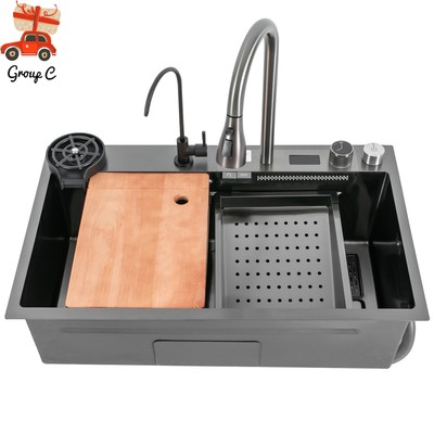 Kitchen Sink Double Basin Stainless Steel Sink Bowl W/ Pull-out Faucet ...