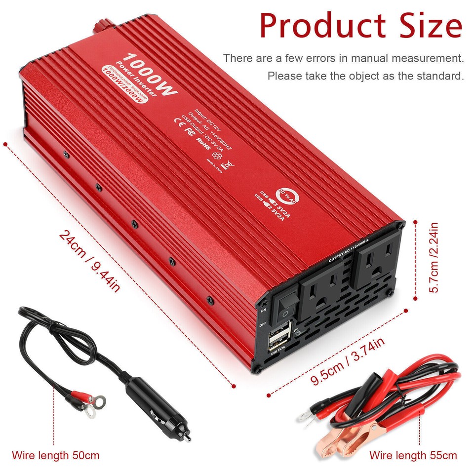 1000W/2000 Watt Car Power Inverter Laptop Phone Charger 12V to 110V ...