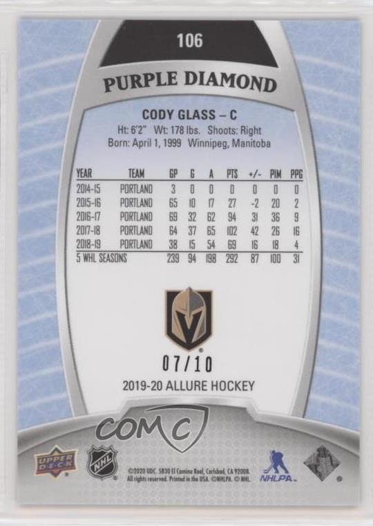 2019-20 Upper Deck Allure Rookies Purple Diamond /10 Cody Glass #106 ...