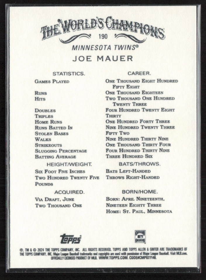 2024 Topps Allen & Ginter Joe Mauer #190 Minnesota Twins | eBay