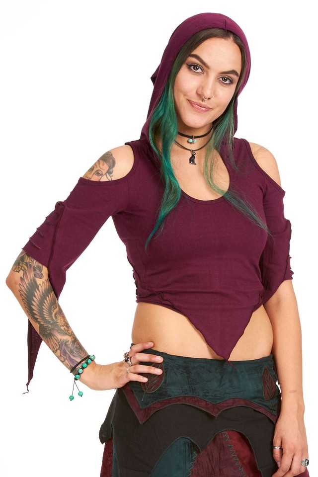Slashed Back Top Cotton Pointy 3/4 Sleeves Crop Psy Trance Pixie Hood ...