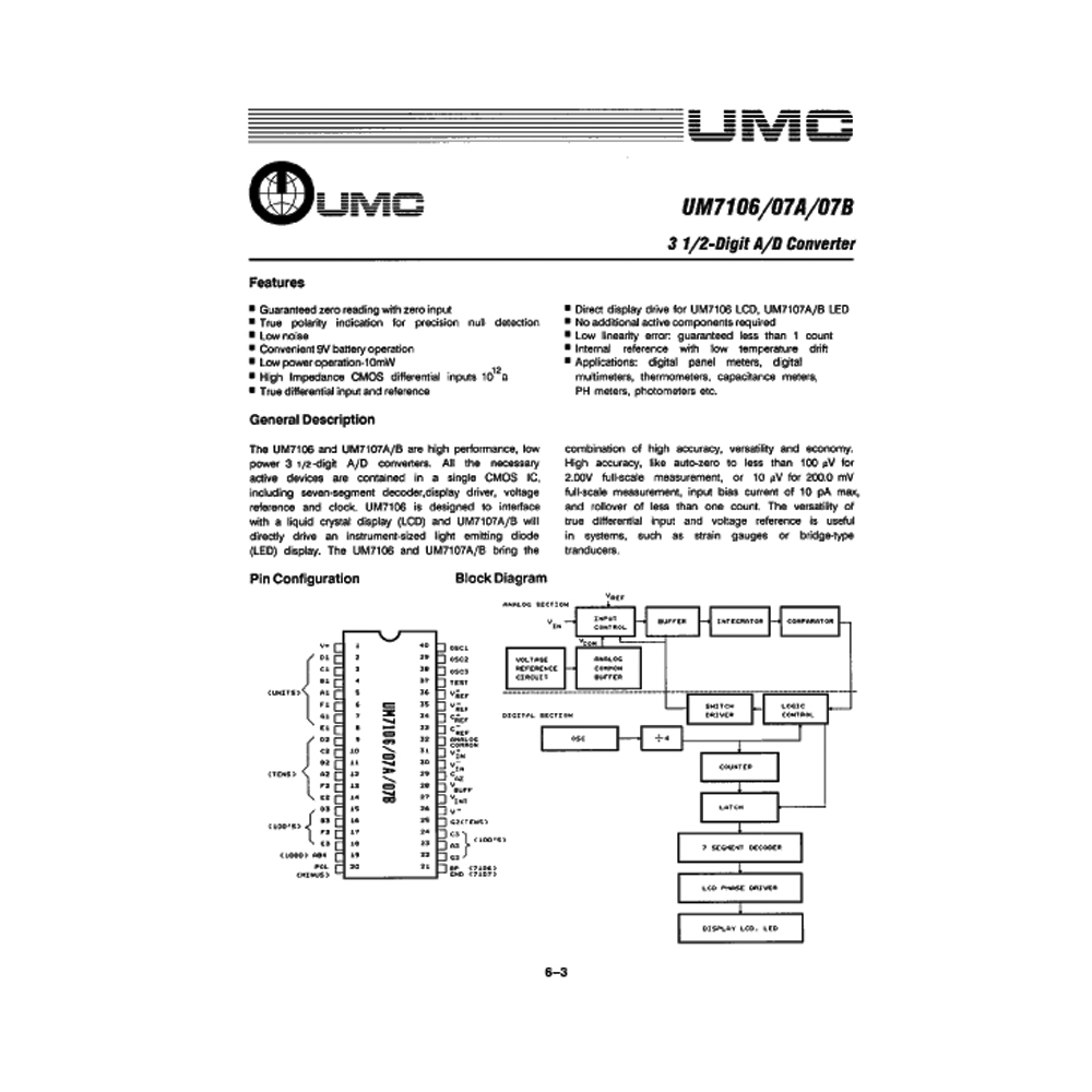 UM7106 (ICL7106CPL): LCD Driver, 3-1/2 Digit A/D Converter IC: Popular ...