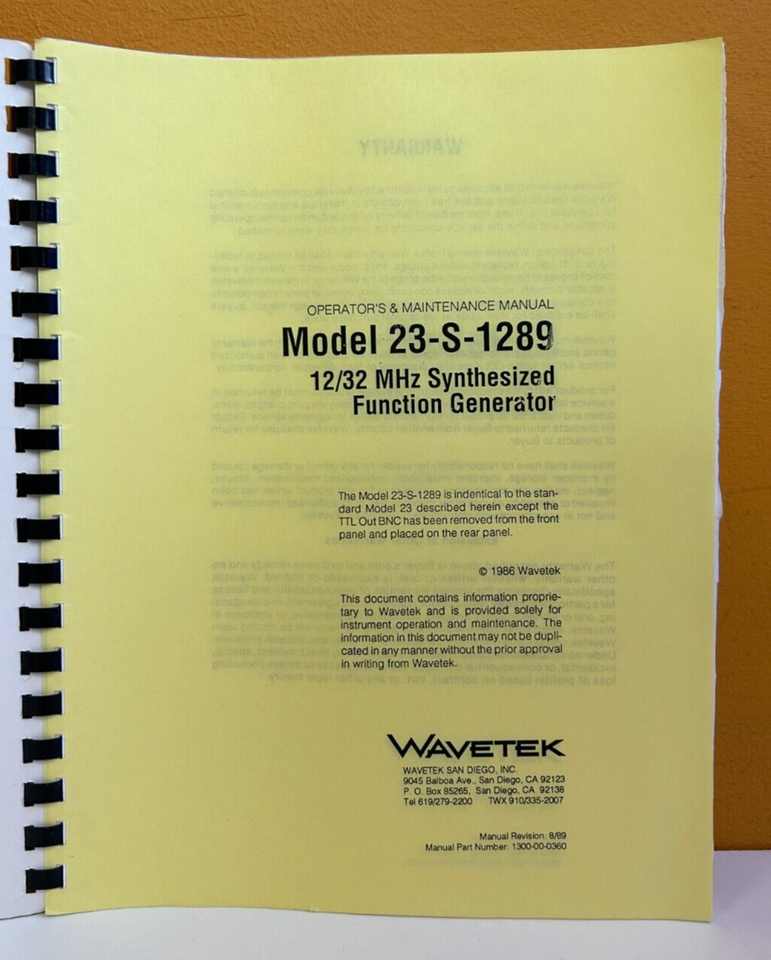 Wavetek 1300-00-0360 1989 Model 23-S-1289 Synthesized Function ...