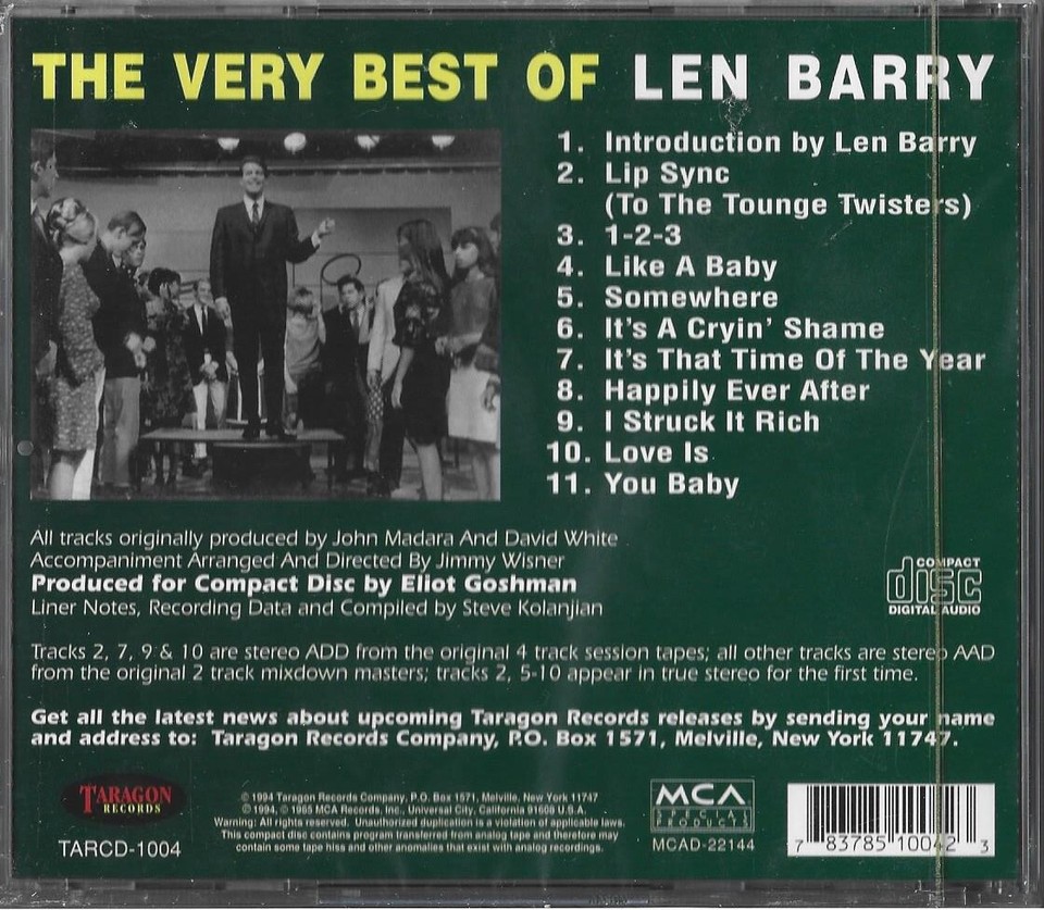 LEN BARRY THE VERY BEST OF RARE OOP 1994 TARAGON MCA CD THE DOVELLS NEW ...