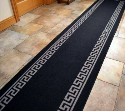 Black Carpet Runner Grey Greek Key Pattern Washable Non Slip Long Stair ...