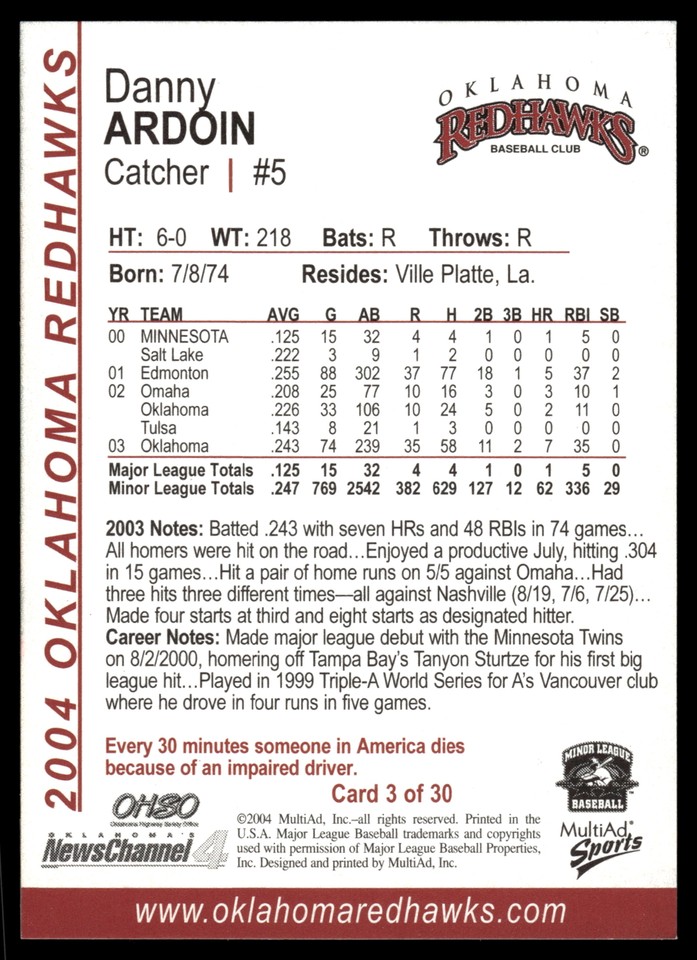 2004 MultiAd Oklahoma Redhawks Danny Ardoin 3 of 30 Baseball Team Card ...