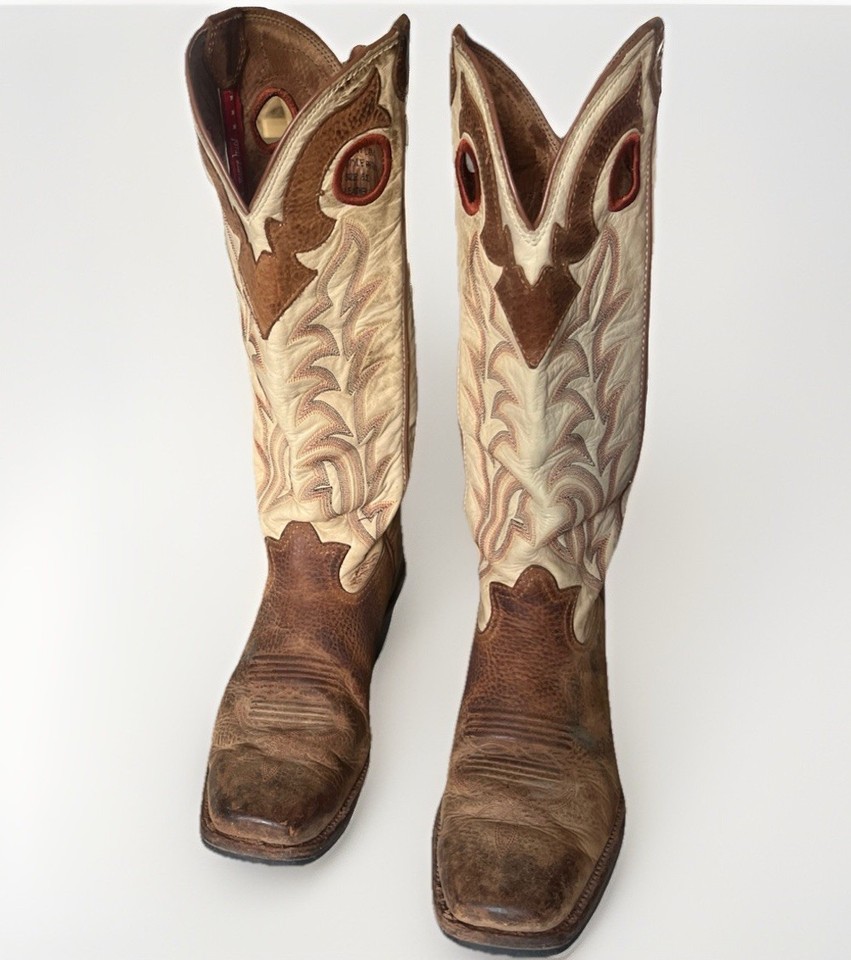 TONY LAMA 3R BROWN & CREAM SQUARE TOE BUCKAROO COWBOY BOOTS #RR1000 8.5 ...
