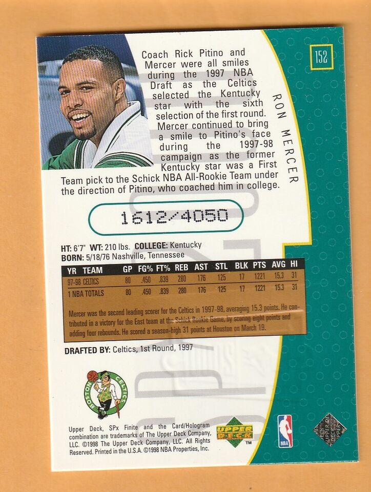 Ron Mercer Boston Celtics 1998-99 SPx Finite #152 /4050 Kentucky ...