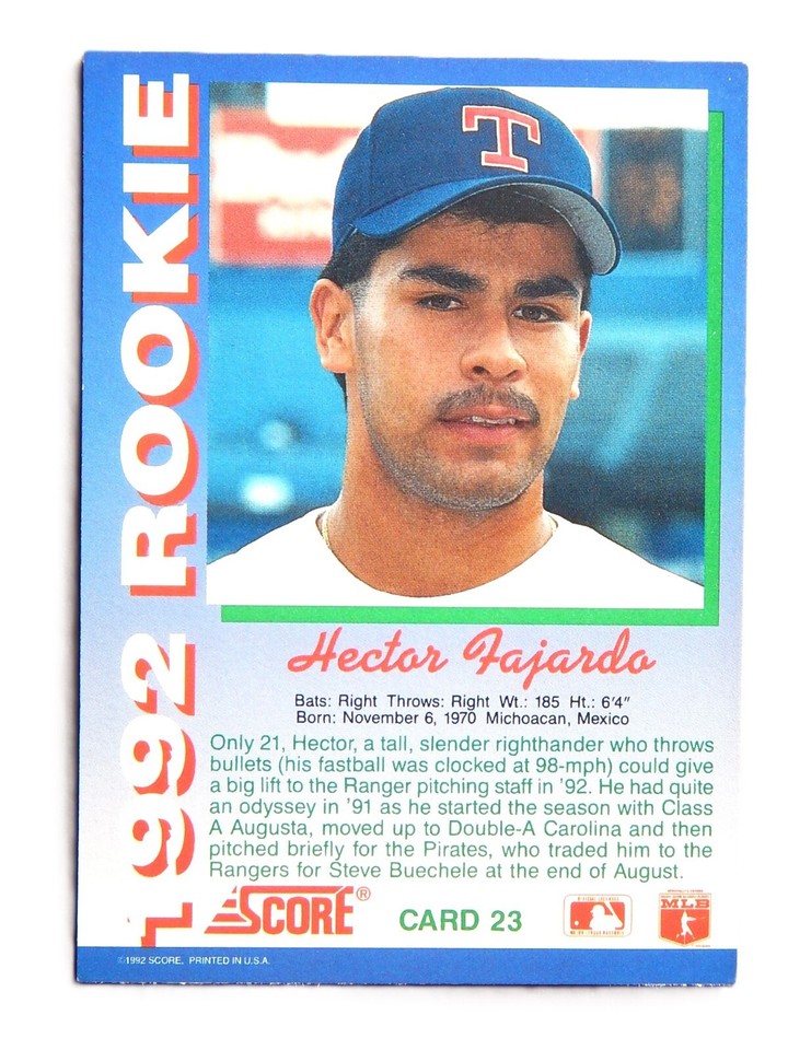 Hector Fajardo #23 Score 1992 (R) Baseball Card (Texas Rangers) LN | eBay