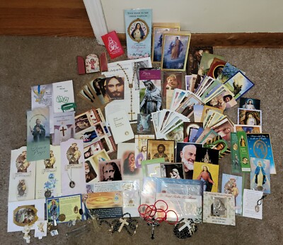 120 Lot CATHOLIC RELIGIOUS HOLY RELICS Tokens Medallions Prayer Cards ...