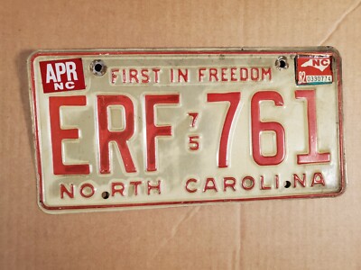 Vintage North Carolina NC Auto License Plate ~ 1975 ERF-761 ~ First in ...