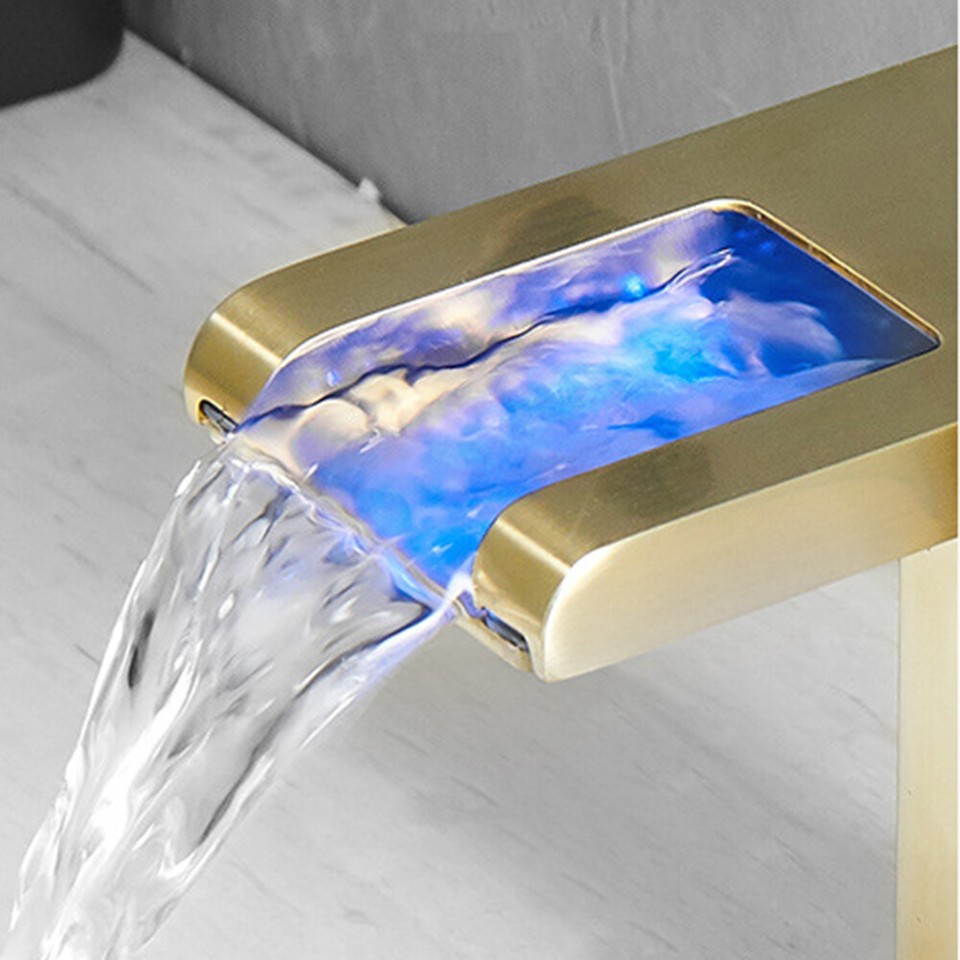 Brushed Gold LED Bathroom Basin Waterfall Spout Taps Mixer Deck Mounted ...