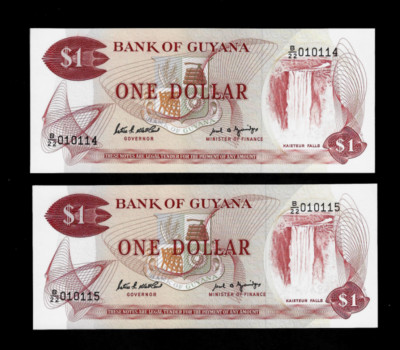 GUYANA (2)CONSECUTIVE BANK NOTES 1 DOLLAR ND(1966-92) UNCIRCULATED P 21 ...