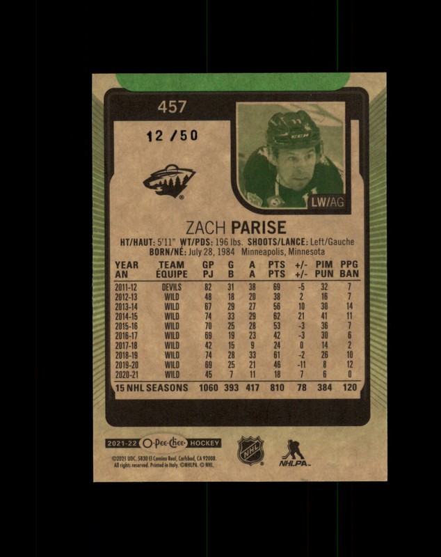 #457 Zach Parise Minnesota Wild 2021-22 O-Pee-Chee Neon Green Border ...