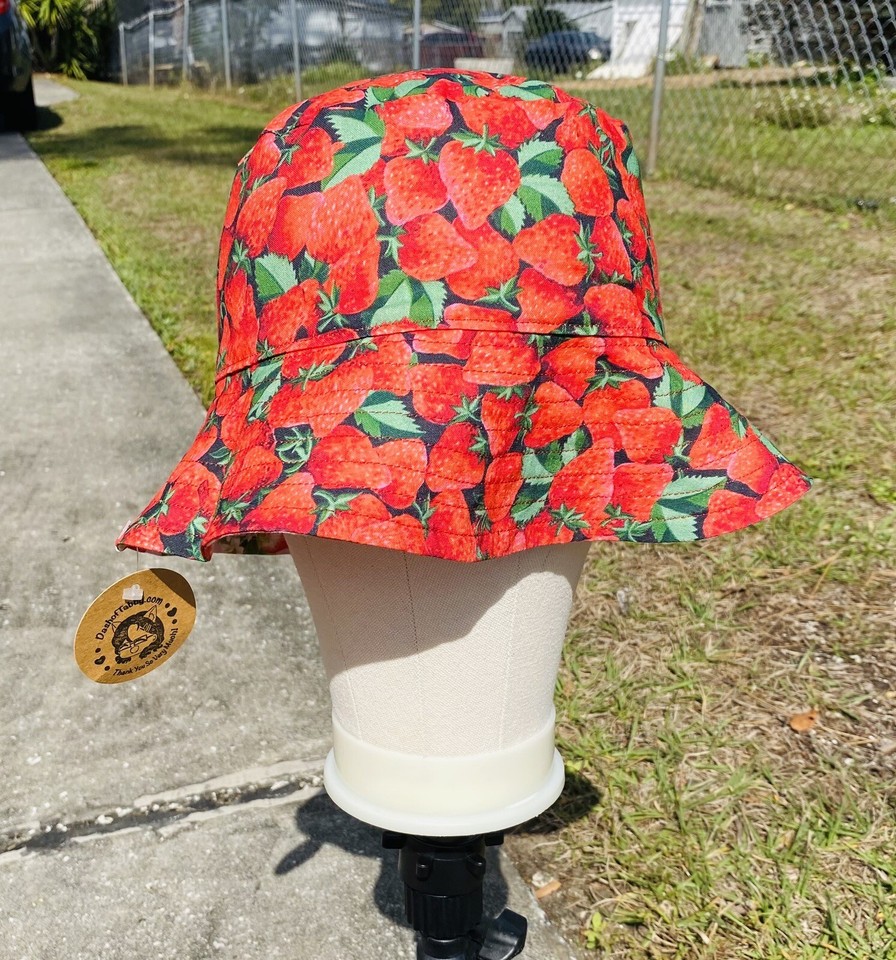 Handmade Unisex Strawberry Green Leaf Reversible Bucket Hat One Size ...