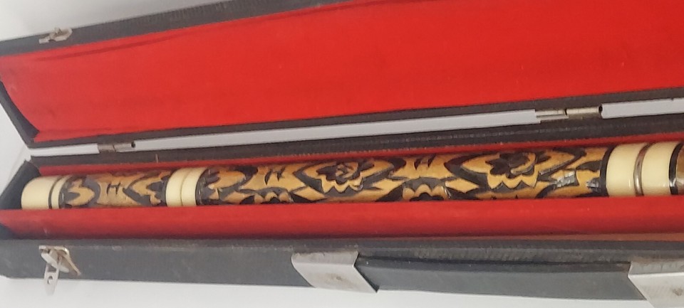 RARE Cue Billiard Vintage Pool Stick Hand Carved Inlaid With Case From ...