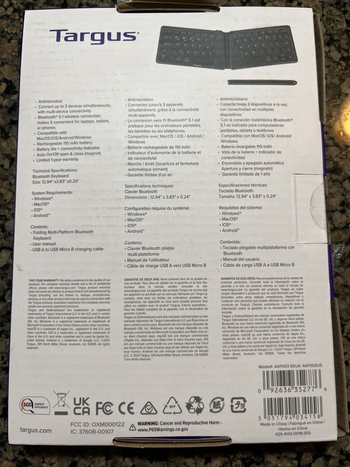 Targus Wireless Folding Keyboard Ultra-Compact Bluetooth Windows iOS ...