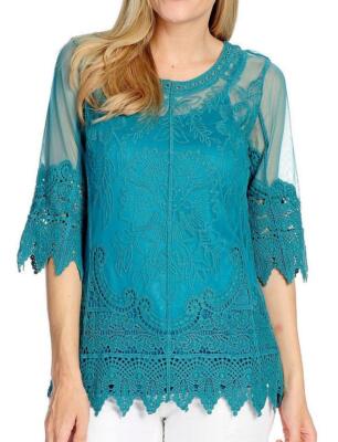 NEW - Indigo Thread Co. Embroidered Mesh & Crochet Lace 3/4 Sleeve Top ...
