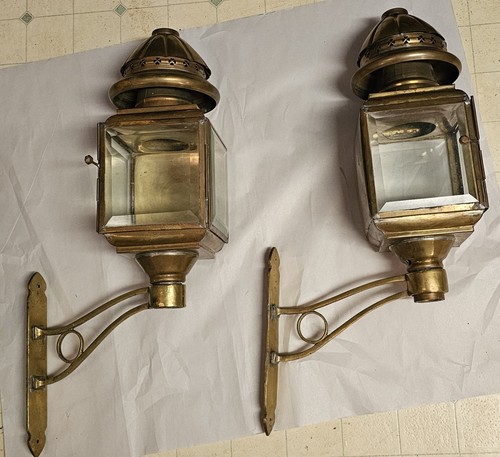 Pair - 16" Antique Brass Coach Carriage Lamps Glass Beveled | eBay