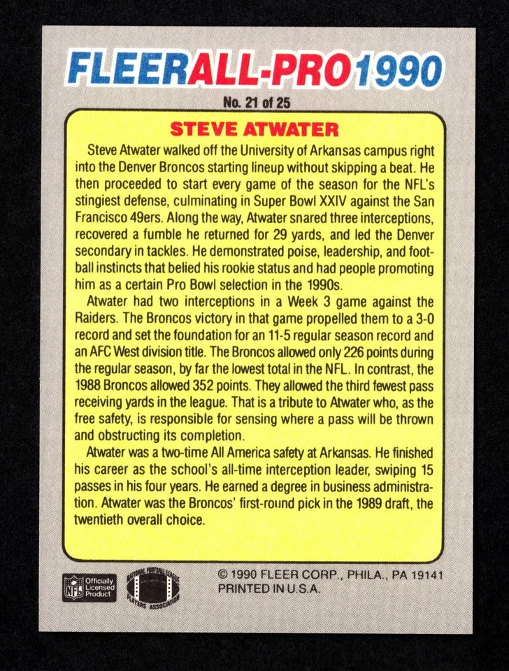 1990 FLEER ALL-PRO #21 STEVE ATWATER HOF - DENVER BRONCOS - *03 | eBay