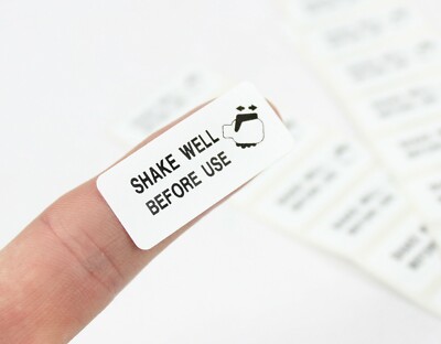"Shake well before use" labels / sticker. 38mm x 16mm, white label ...