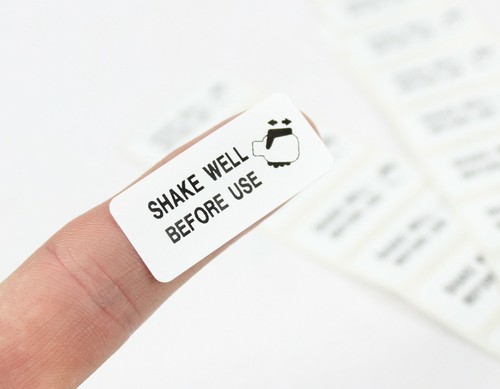 "Shake well before use" labels / sticker. 38mm x 16mm, white label ...