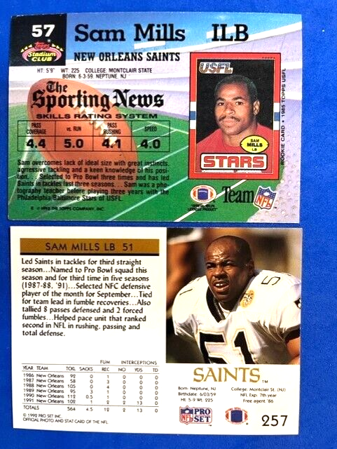 NFL - Sam Mills 1992 Topps Stadium Club & 1992 Pro Set Football ...