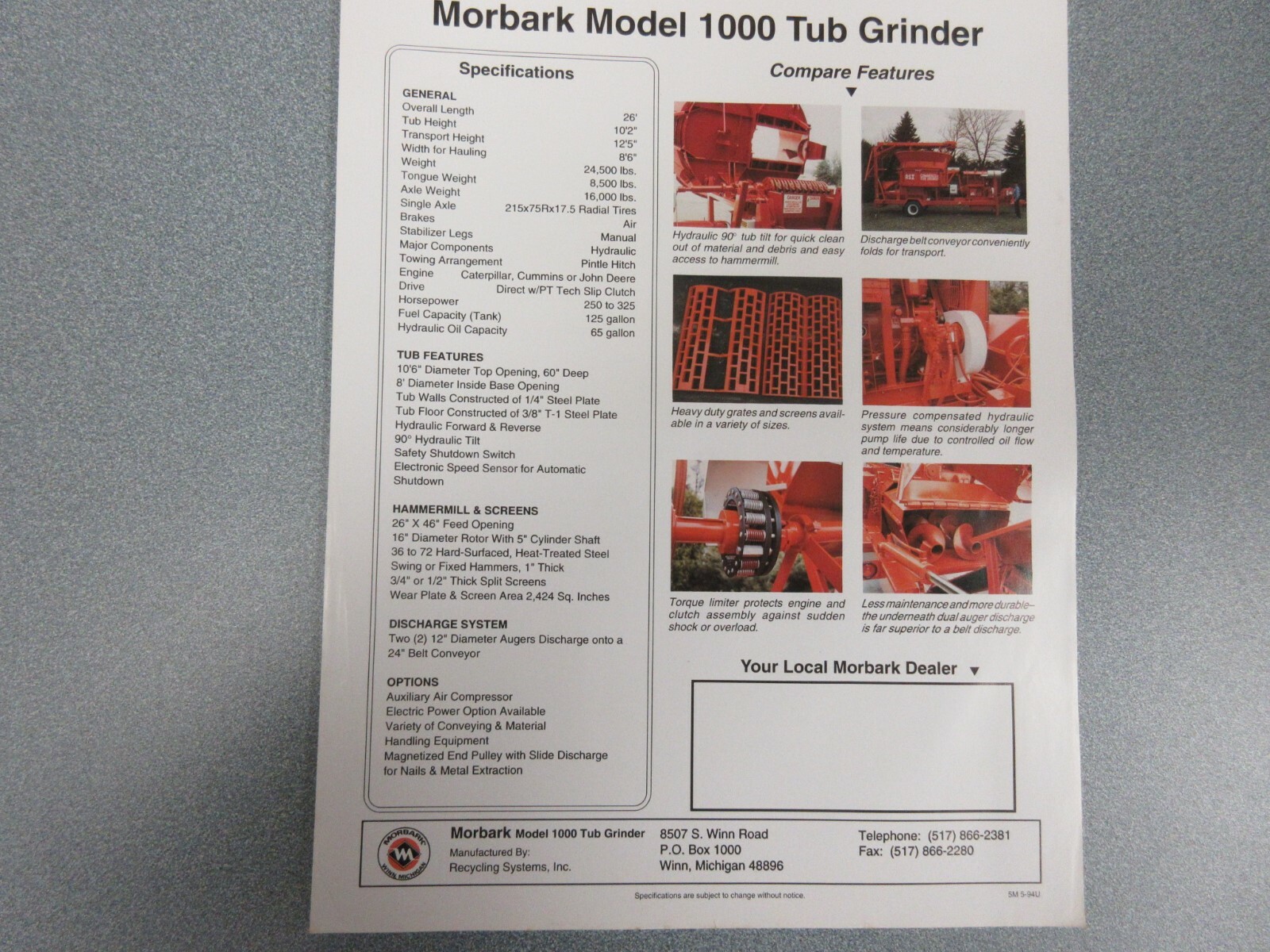 Morbark 1000 Tub Grinder Sales Sheet | eBay