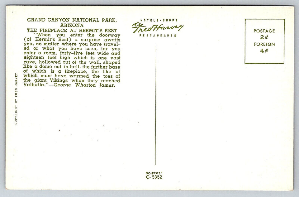 Original Old Vintage Postcard Fireplace Hermit's Rest Grand Canyon ...