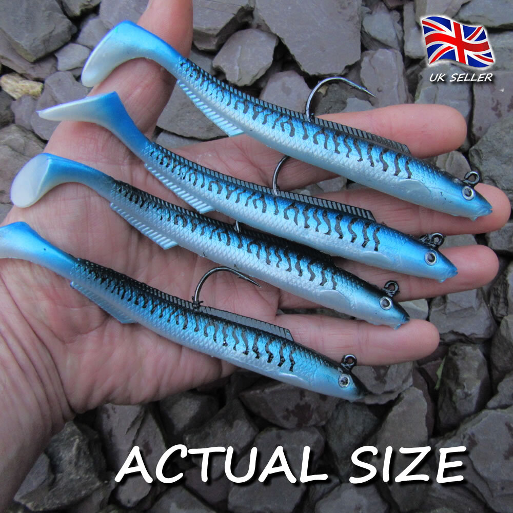 4 x Sandeel Savage sea Fishing Lures Jighead Soft Bass Cod Pollock Bait ...