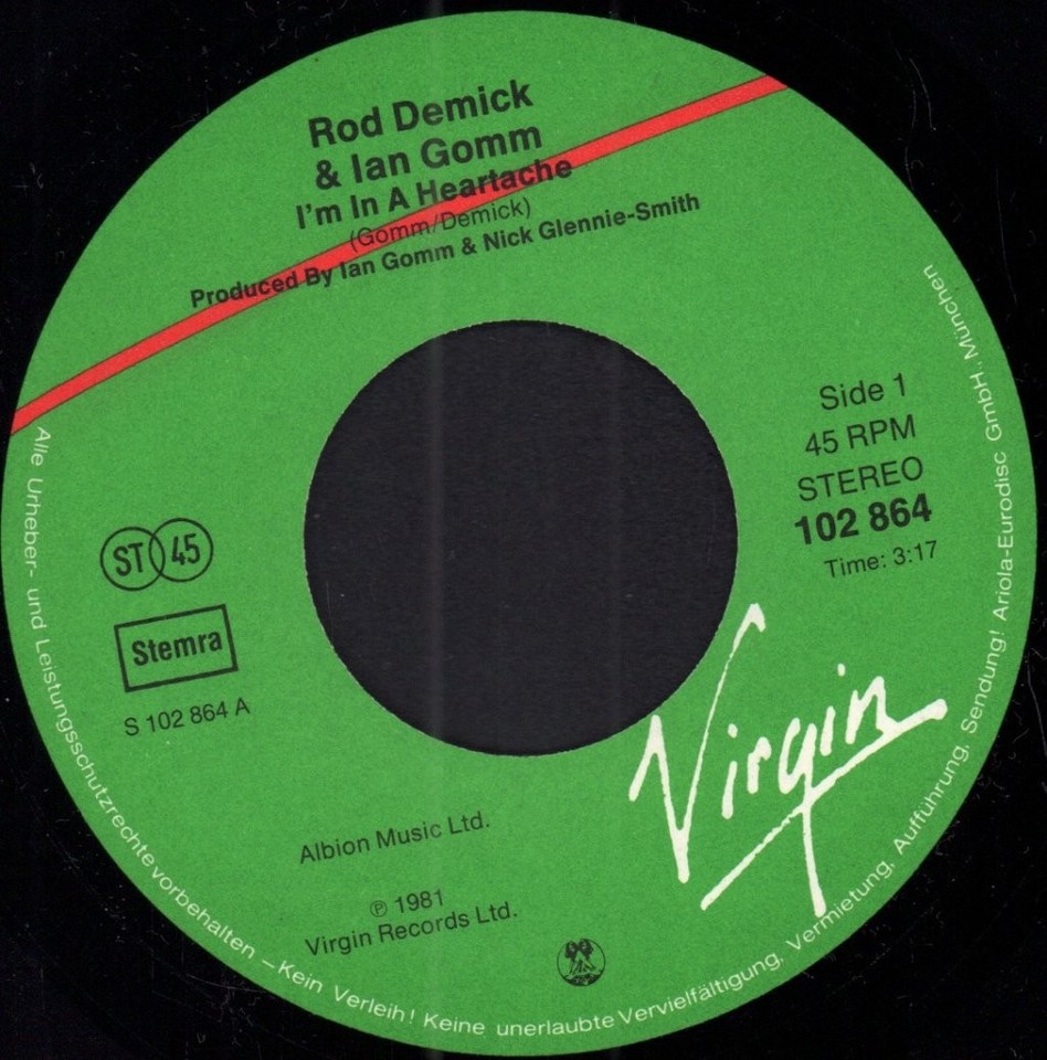 Rod Demick and Ian Gomm I'm In A Heartache 7" vinyl Germany Virgin 1981 ...
