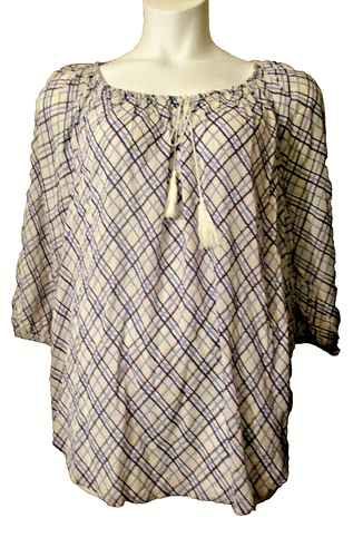 Chaps 3/4 Sleeve Drawstring Neck Peasant Blouse Cotton Blue Multi Plaid ...