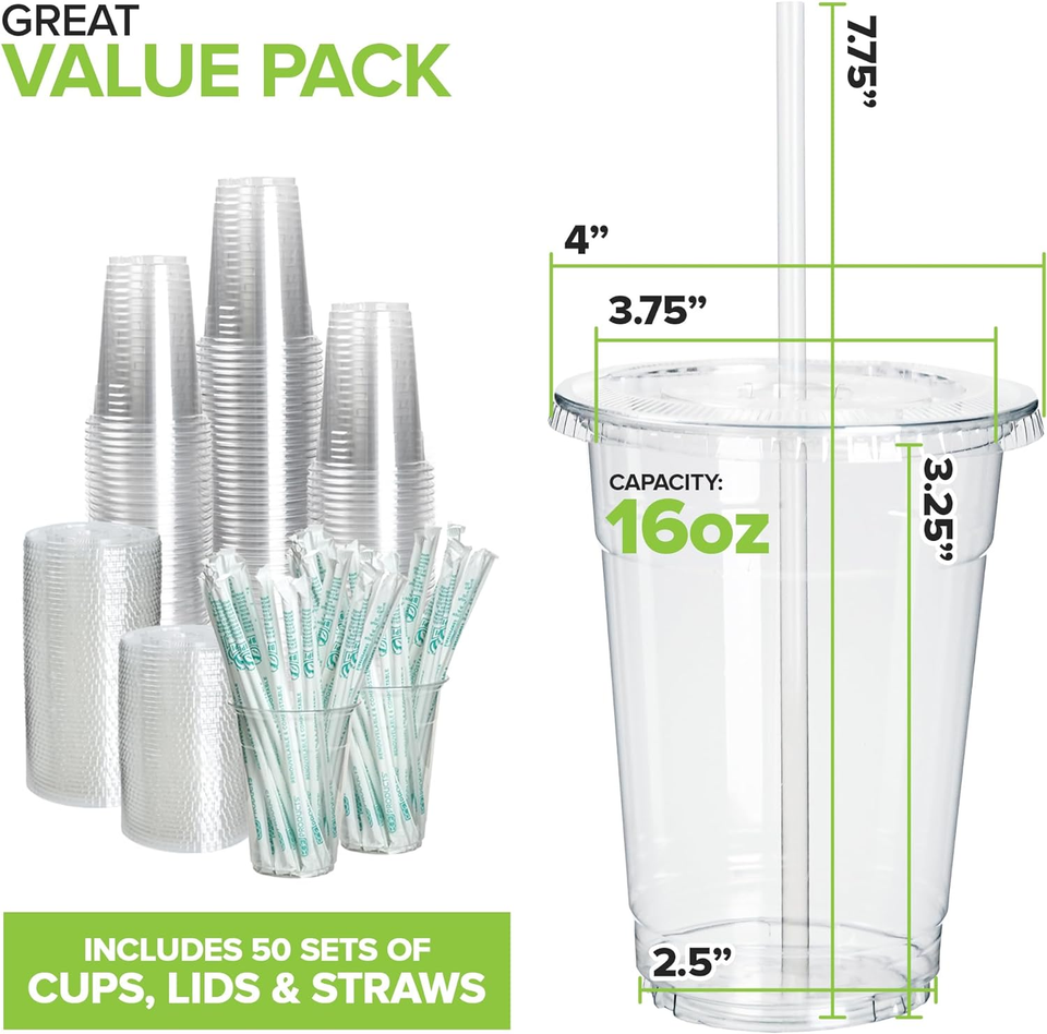 16 Oz Clear Commercially Compostable Cups with Lids and Straws (Set of ...