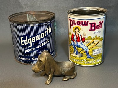 vintage pipe tobacco cans --two-- and brass pipe rest lot of three ...