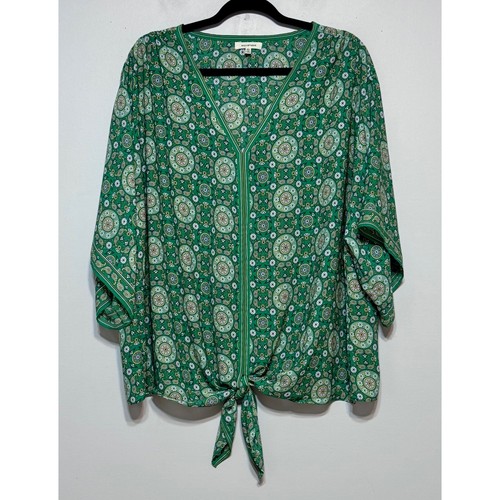Max Studio Kelly Green Boho Paisley Tie-Front Blouse Size 3X Retro Soft ...