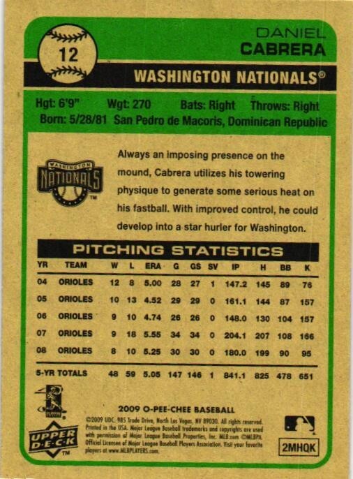 2009 UPPER DECK O-PEE-CHEE DANIEL CABRERA BASEBALL CARD #12 | eBay